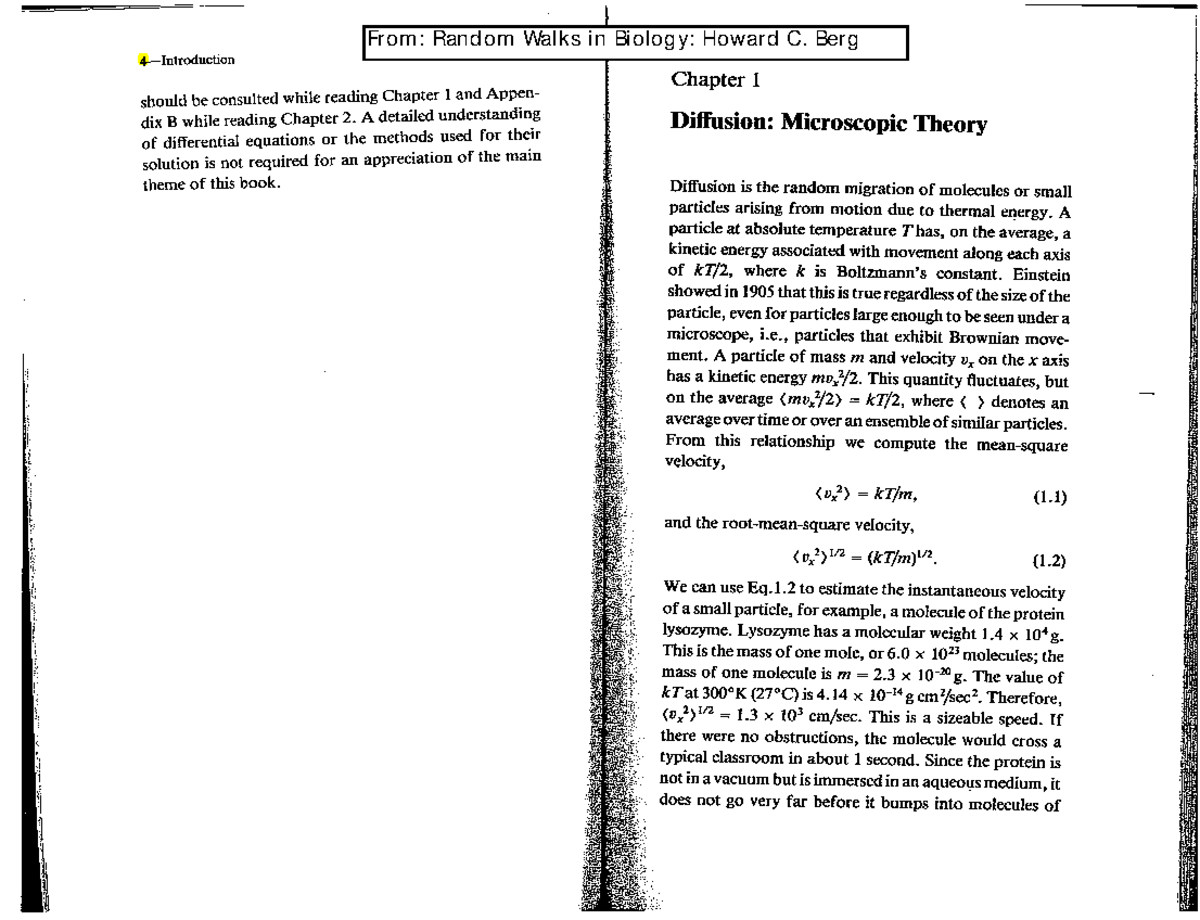 Random walks in biology: Chapter 1 overview and diffusion theory - Studocu