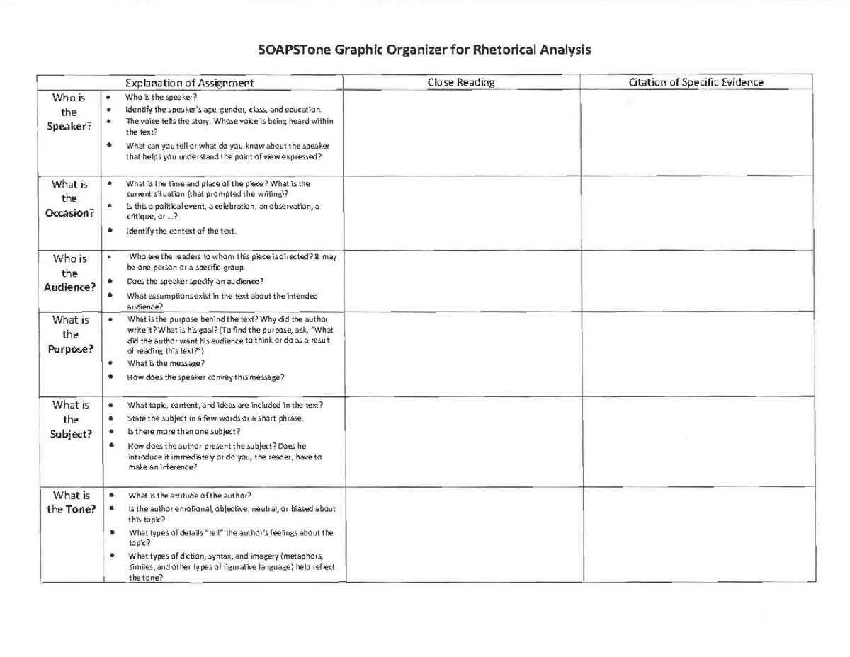 SOAPSTone Graphic Organizer: Rhetorical Analysis Guide - Studocu