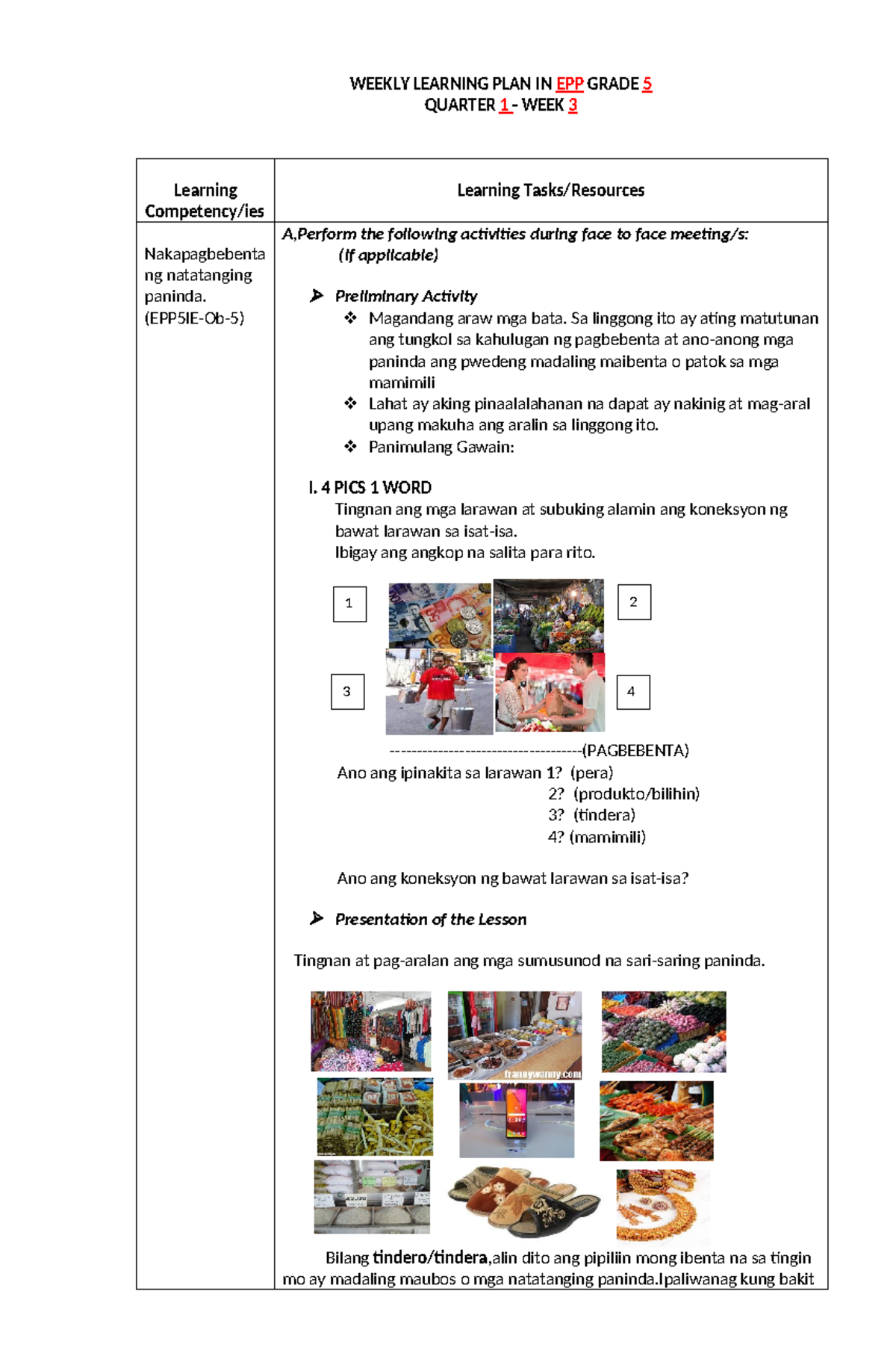 EPP5IE-Ob-5: Weekly Learning Plan - Quarter 1, Week 3 Overview - Studocu