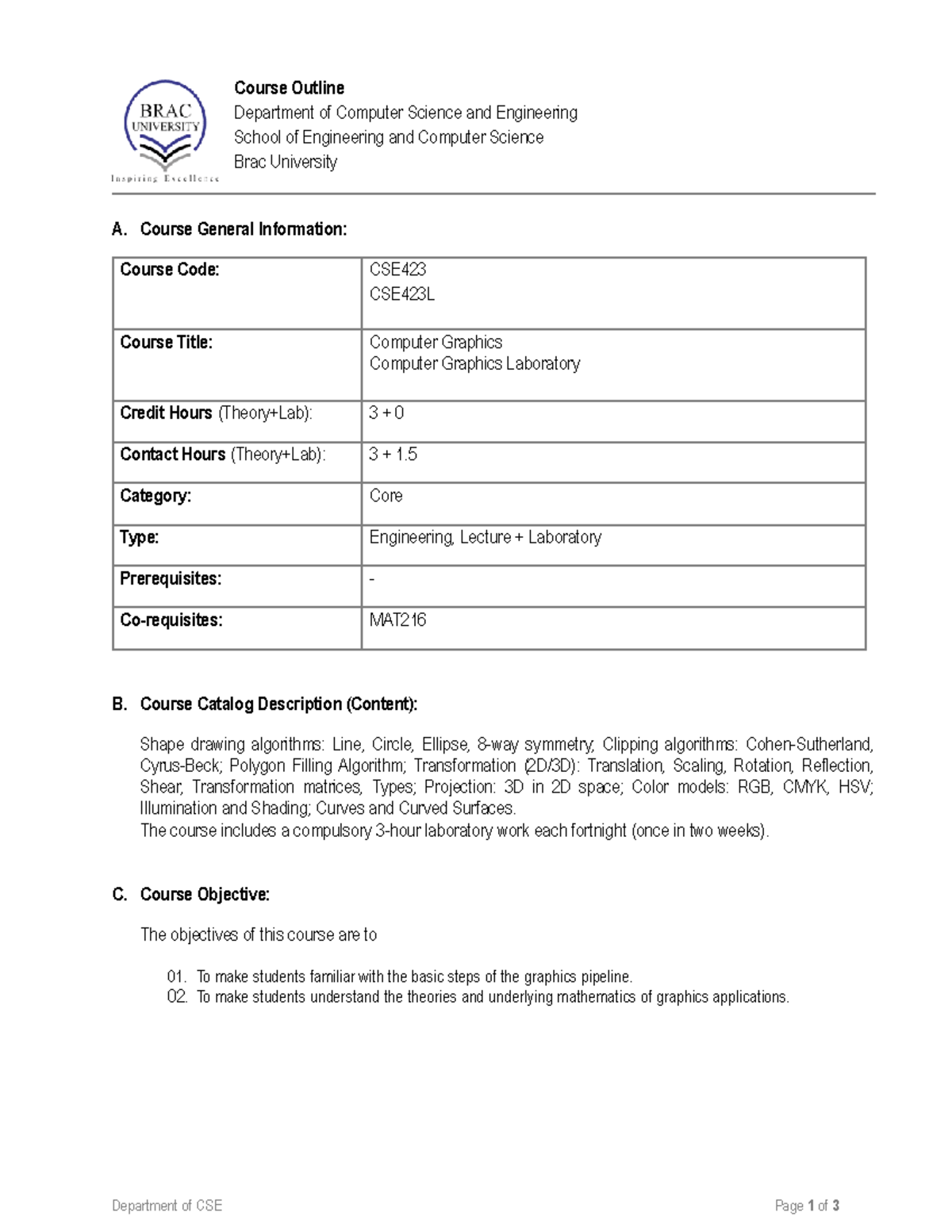 CSE423 Computer Graphics - Course Outline & Lab Details (Spring 2023) - Studocu