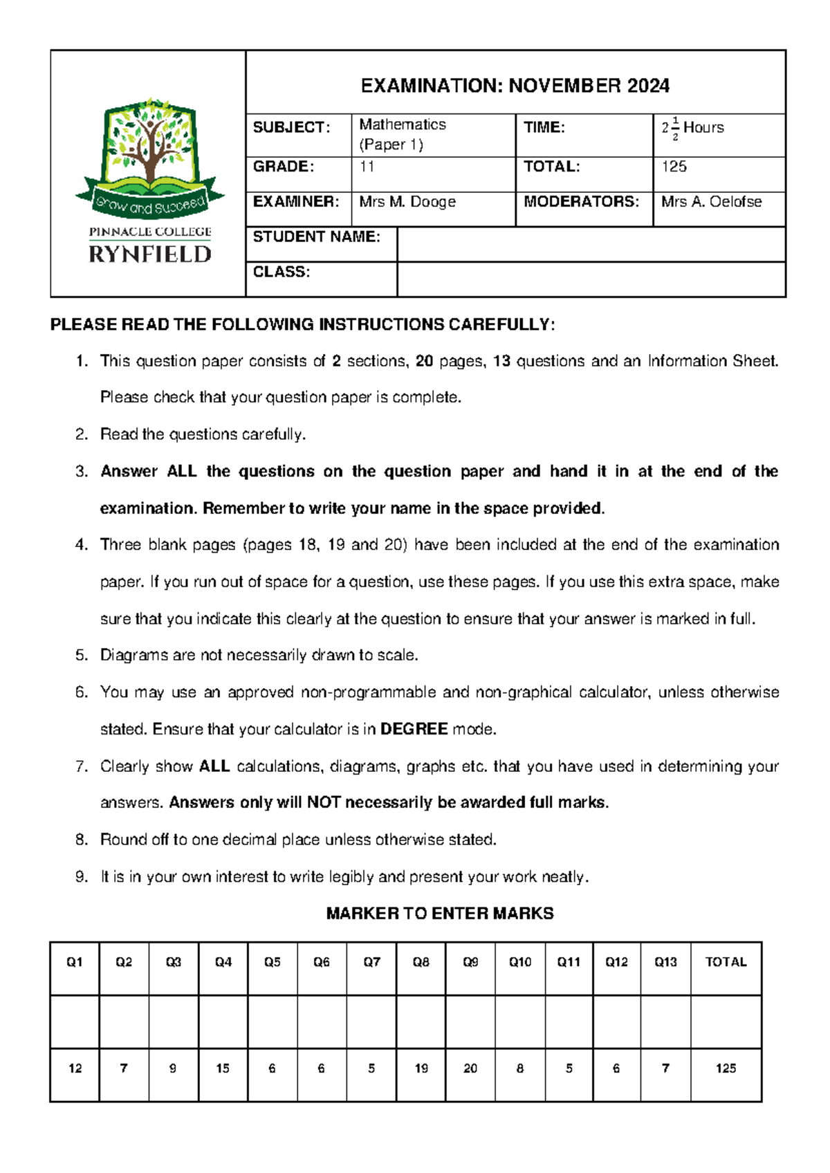 Grade 11 Mathematics Examination Paper 1 - November 2024 - Studocu