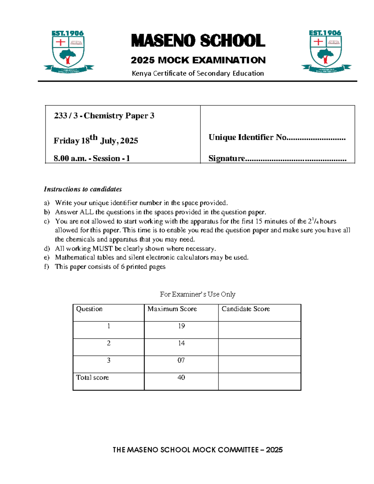 MASENO SCHOOL 2025 MOCK EXAMINATION KCSE 233/3 Chemistry Paper 3 - Studocu