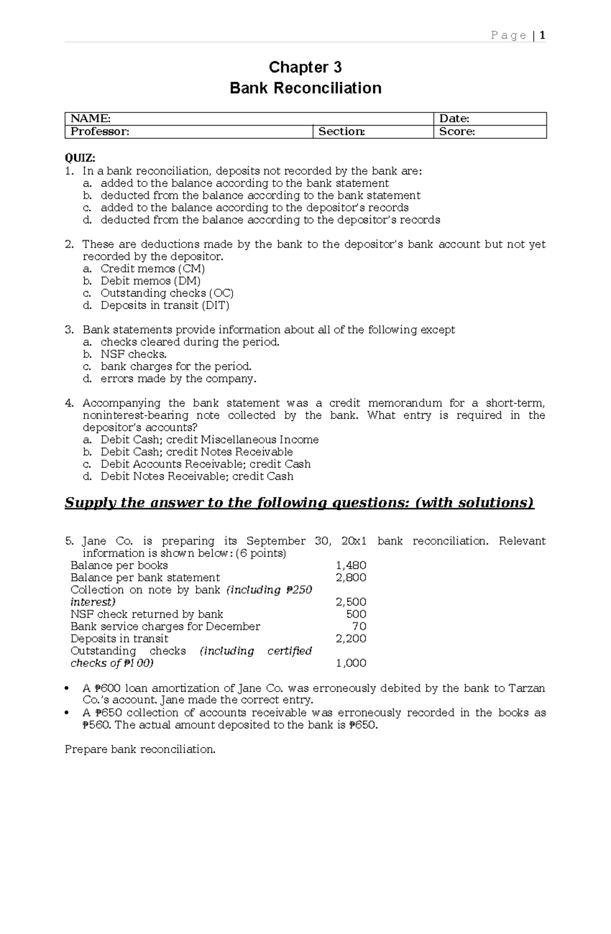 QUIZ: Chapter 3 Bank Reconciliation (Course Code) - Studocu