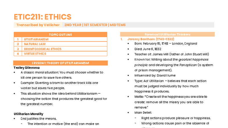 ETIC211: ETHICS Midterm Study Notes on Utilitarianism & Natural Law ...