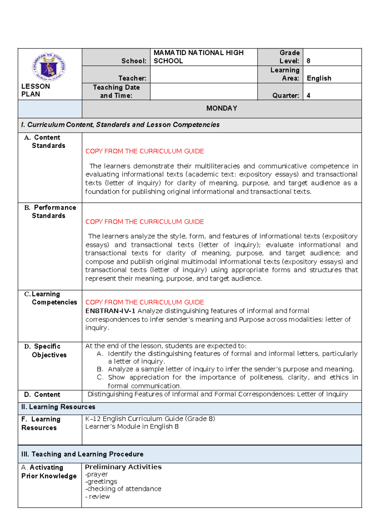 MAMATID NATIONAL HIGH SCHOOL: Grade 8 English Lesson Plan on Letters ...