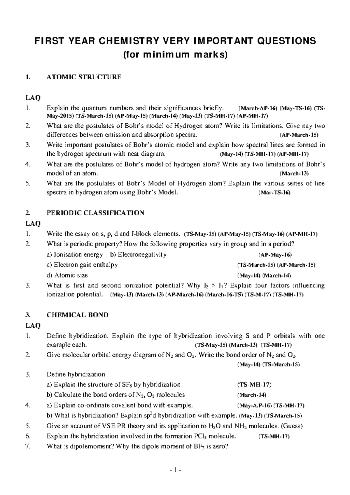 First YEAR Chemistry VERY Important Questions - FIRST YEAR CHEMISTRY ...