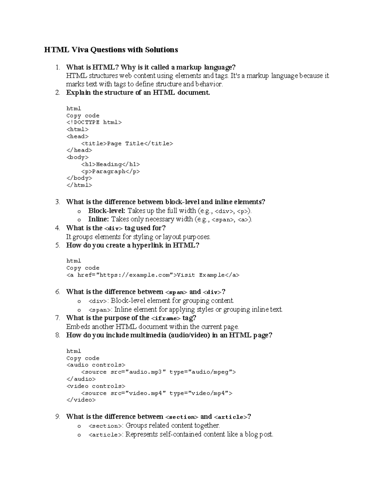 HTML, CSS & JS Viva Questions with Solutions for Web Dev Course - Studocu