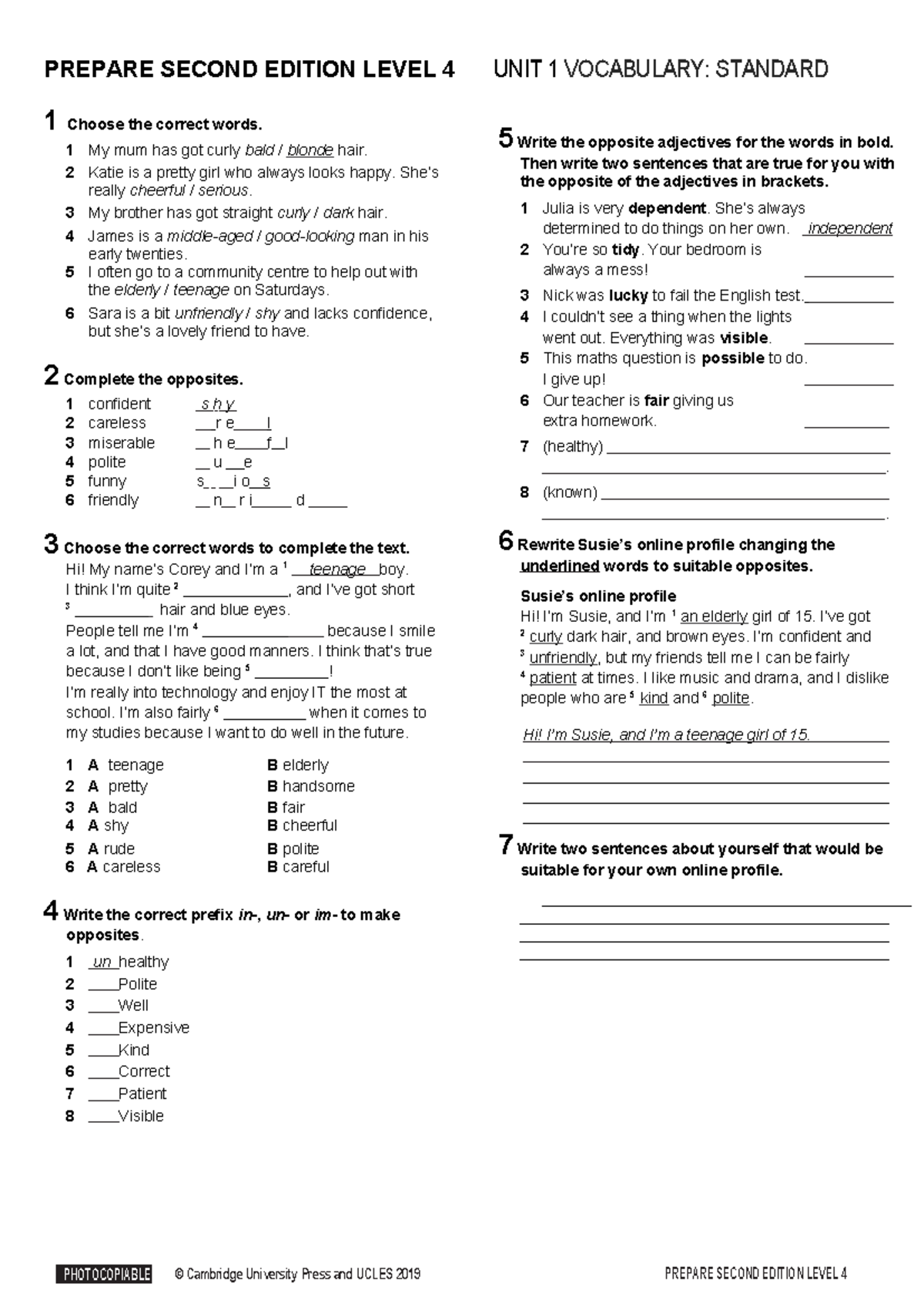 Prepare 4 Vocabulary Standard Unit 01: Opposites and Descriptions - Studocu