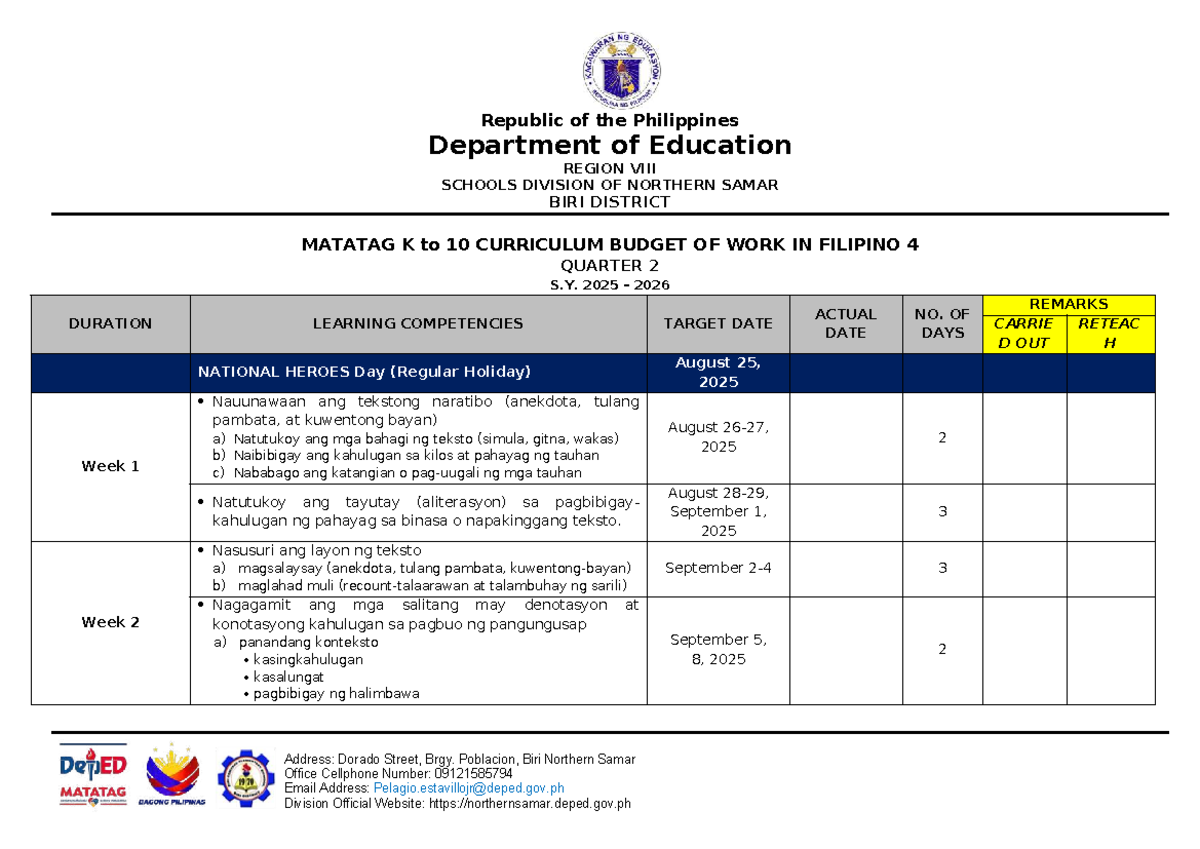 BOL Q2-FIL 4: Curriculum Budget of Work for Filipino 4 S.Y. 2025-2026 ...