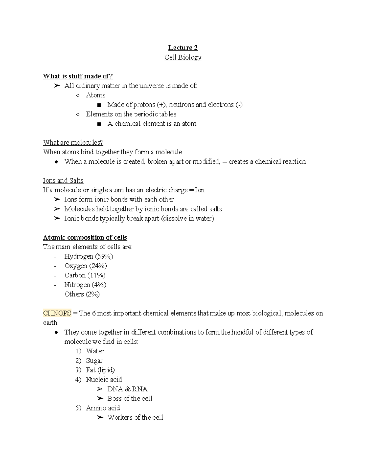 Lecture 2 - Molecular Composition and Functions in Cell Biology - Studocu
