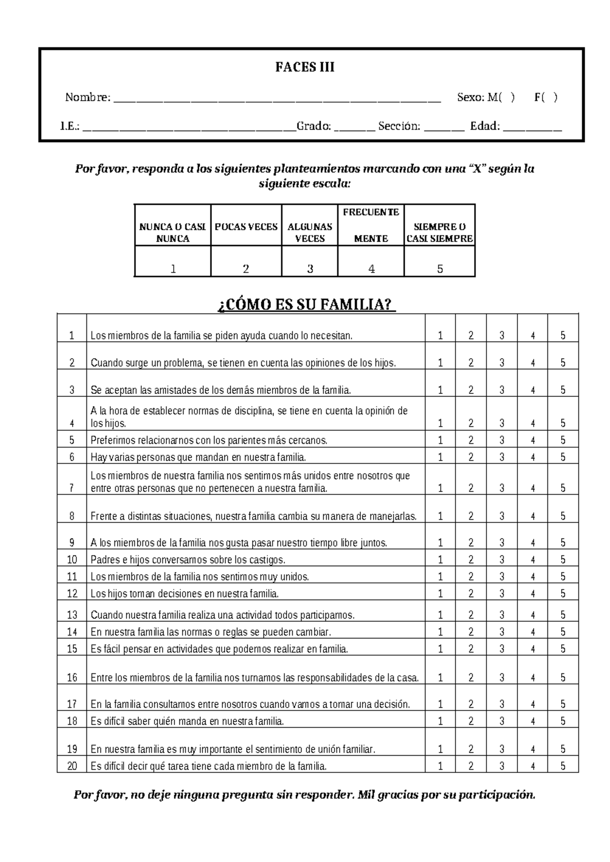 FACES III Protocolo de Evaluación Familiar para Aplicación - Studocu