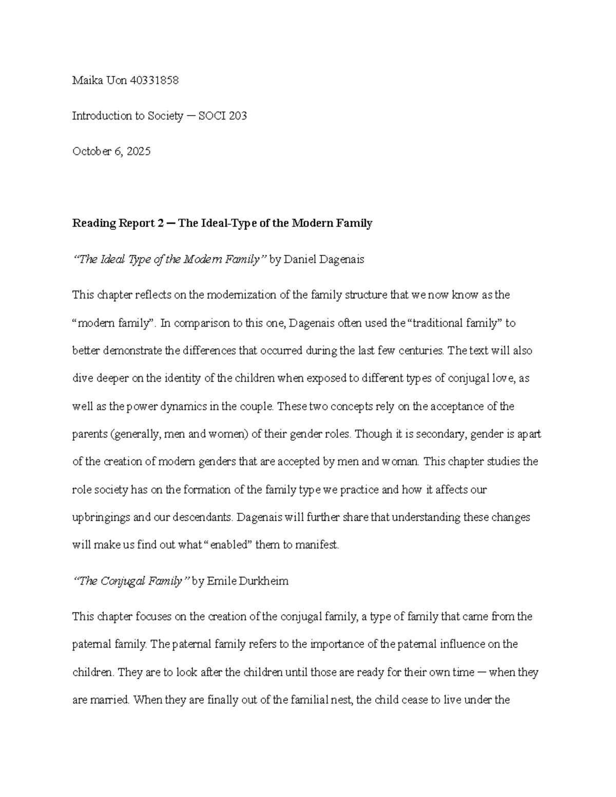 SOCI 203 Reading Report 2: The Modern Family Structure Analysis - Studocu