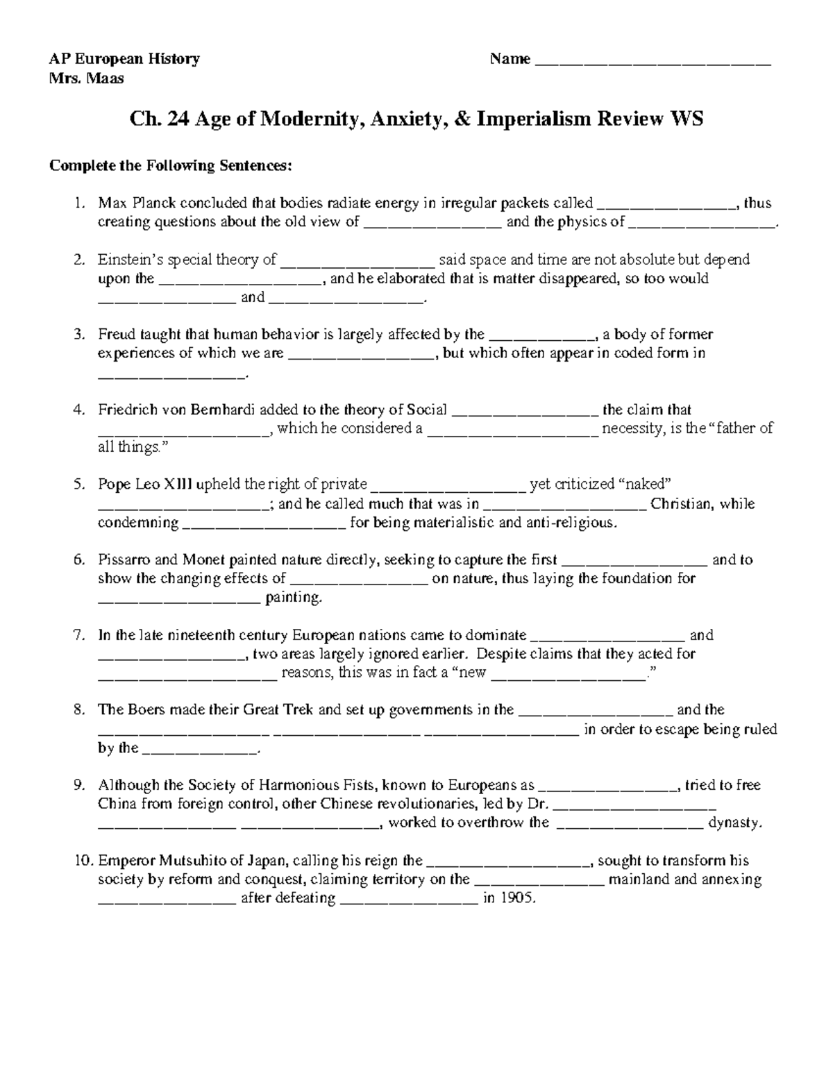 AP European History Ch. 24 Review WS: Age of Modernity & Imperialism ...