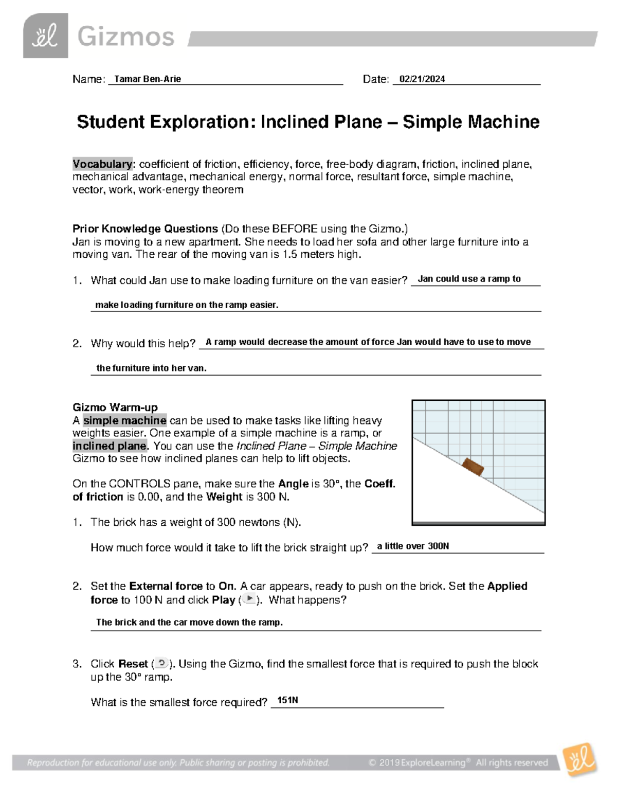 Inclined Plane Gizmo - PHYS 101: Exploring Simple Machines and Forces ...