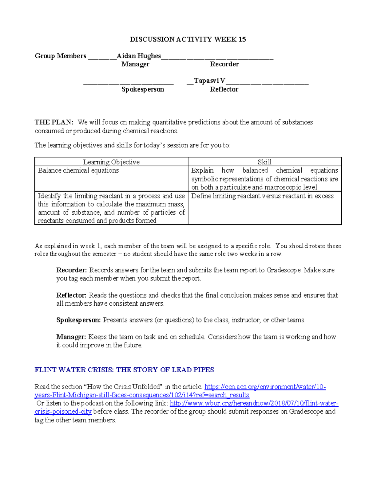 Discussion Worksheet Week 15: Chemical Reactions & Flint Water Crisis ...