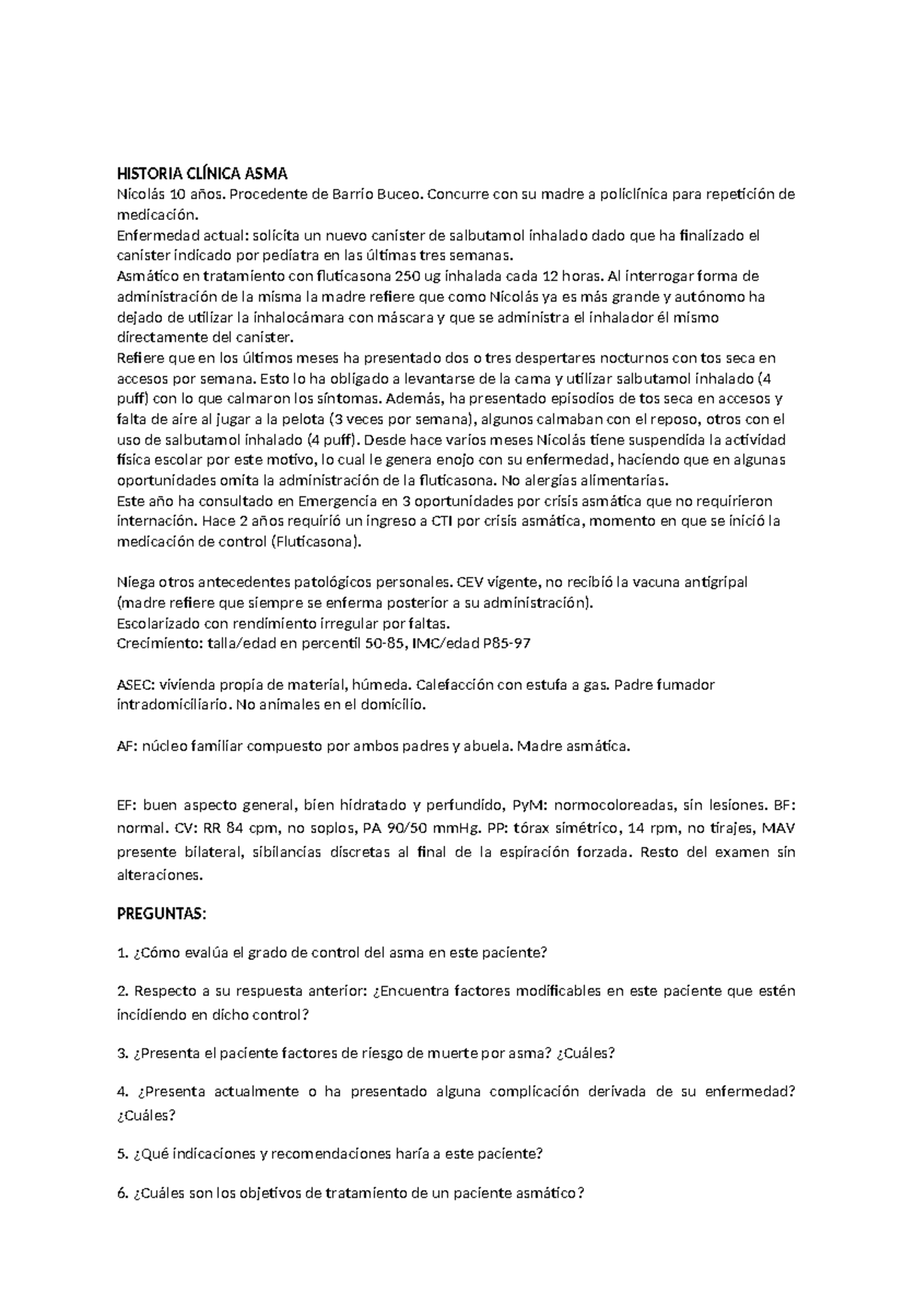 Historia Clínica de Asma en Nicolás, 10 años - Evaluación y ...