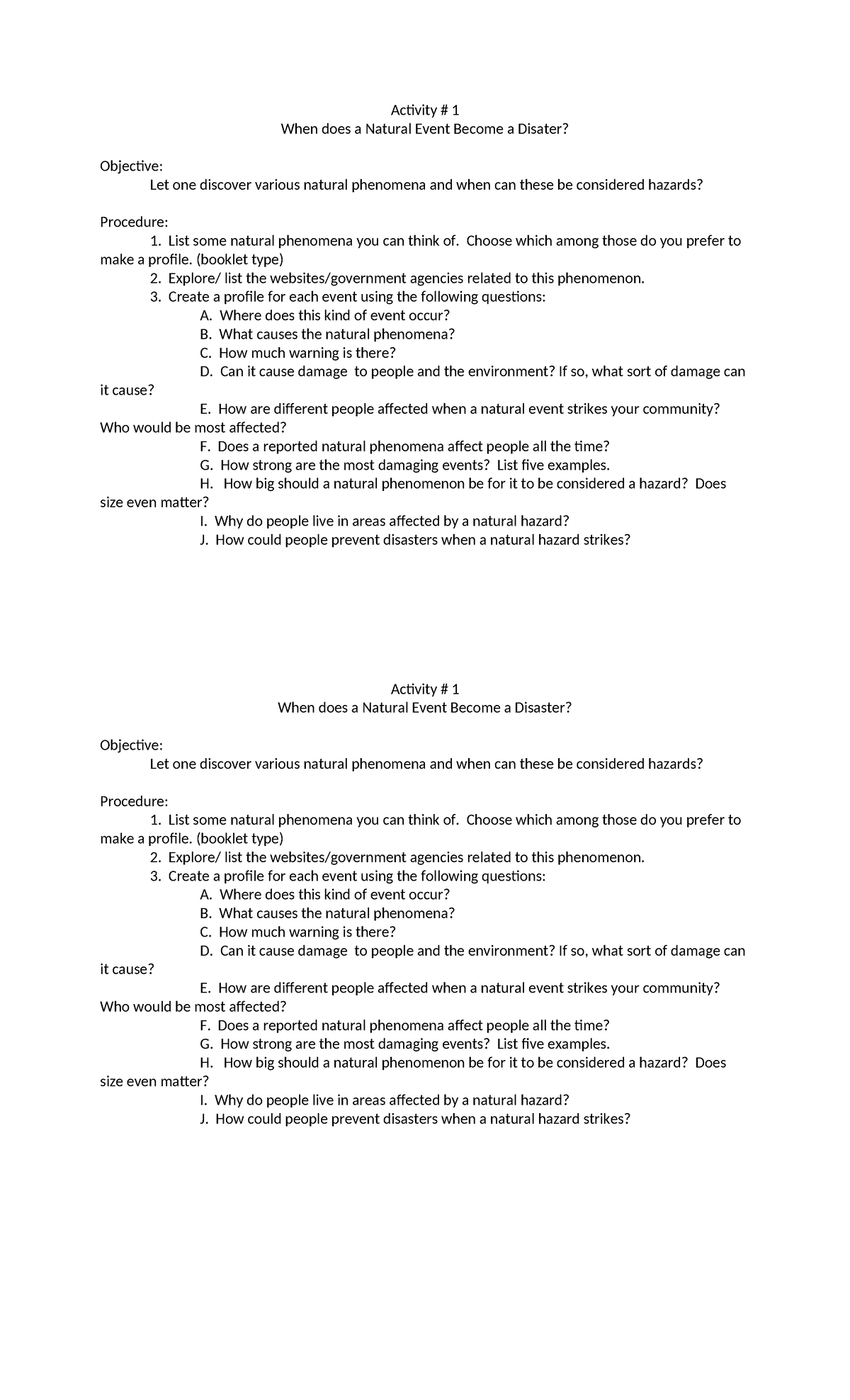 DRR Activity 1 - Understanding Natural Disasters and Hazards - Studocu
