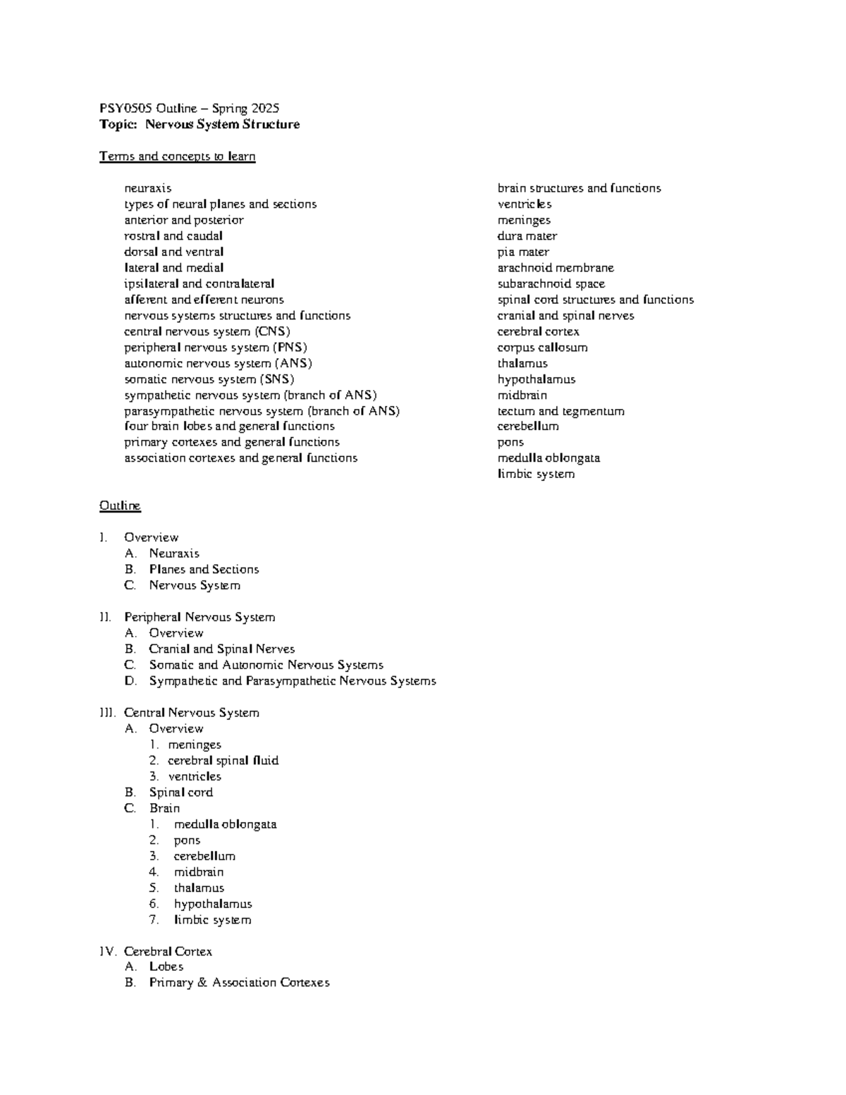 PSY0505 Outline: Nervous System Structure - Spring 2025 - PSY 0505 ...
