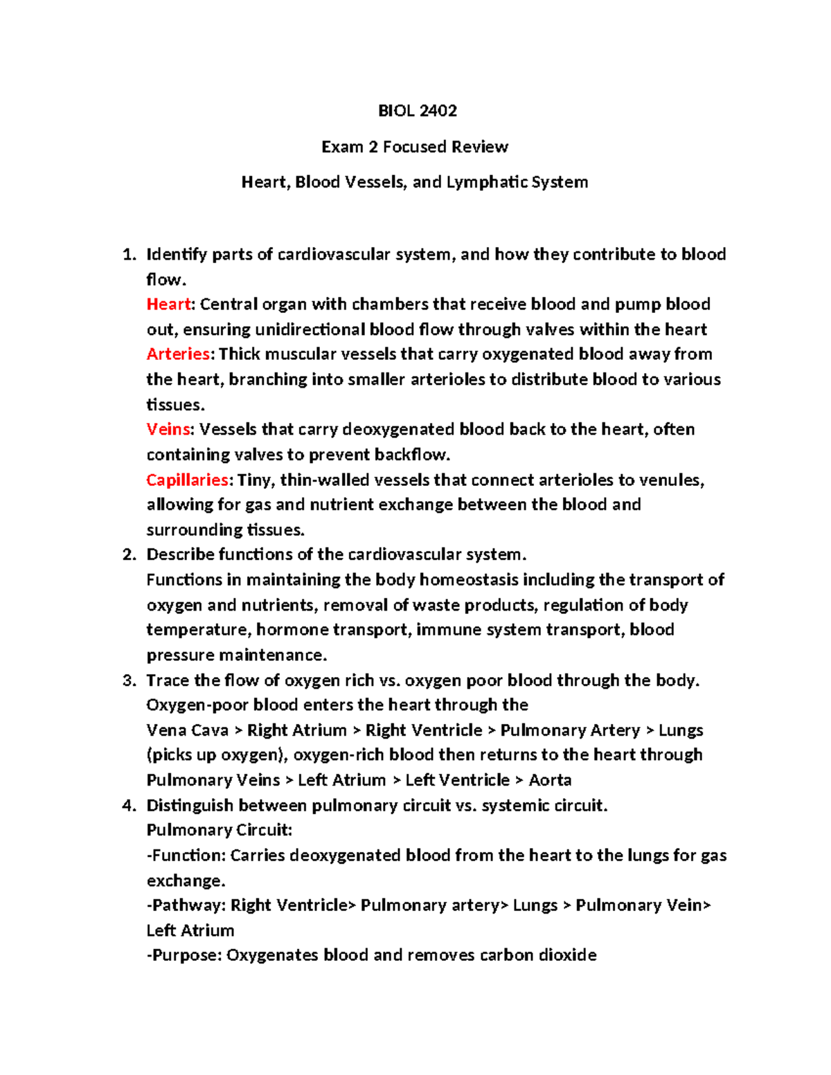 BIOL 2402 Exam 2 Focused Review: Heart, Blood Vessels, & Lymphatic ...