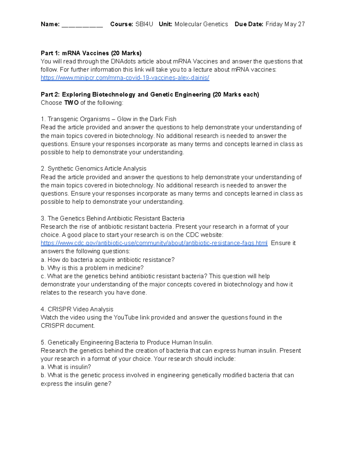 SBI4U Genetics Project - Name: ____________ Course: SBI4U Unit ...