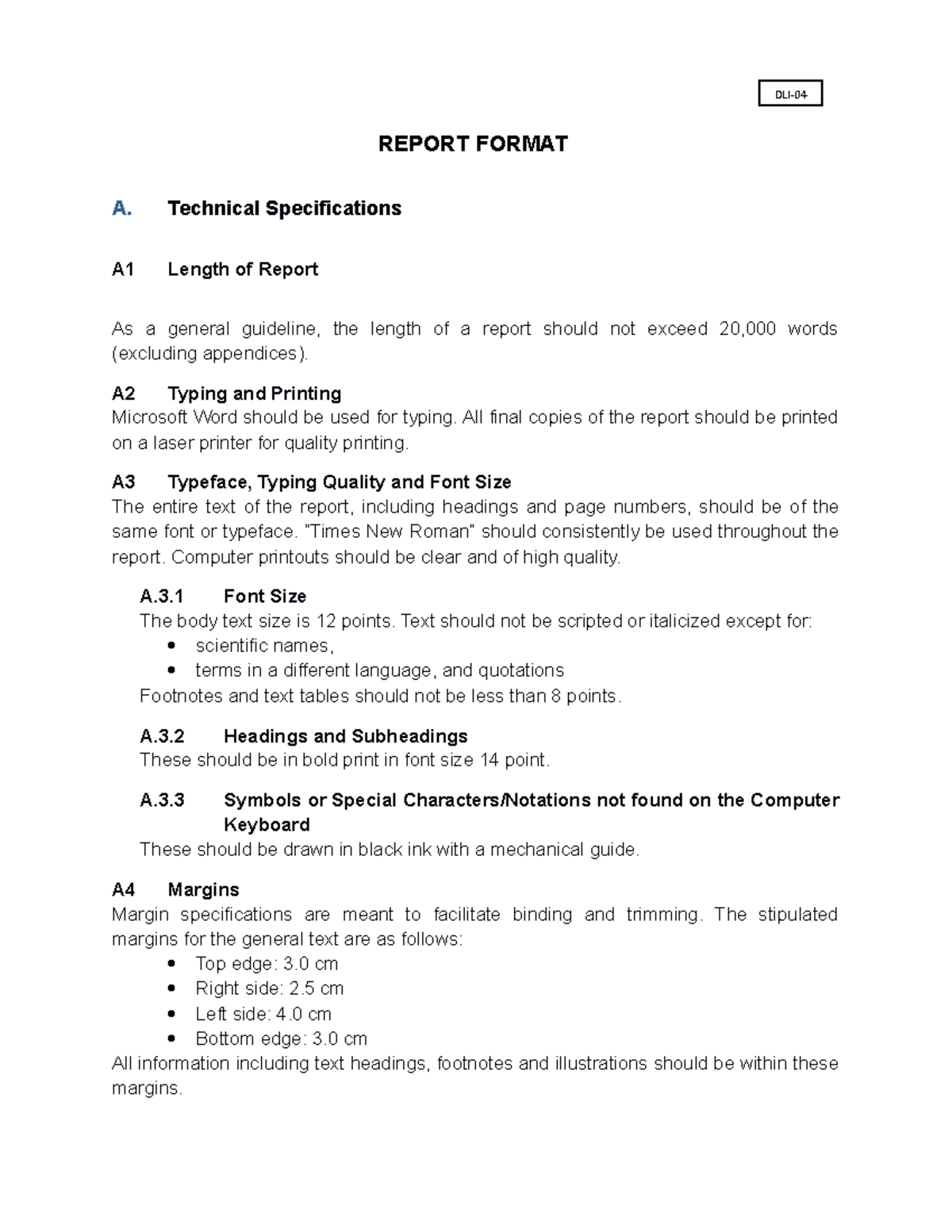 DLI-04 Report Format - REPORT FORMAT A. Technical Specifications A1 ...