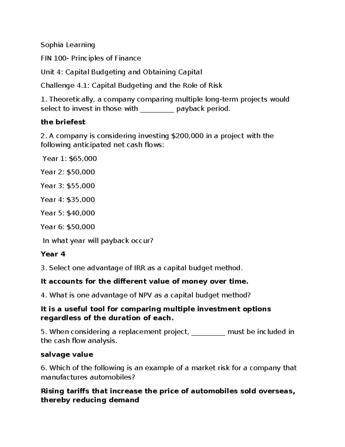 FIN 100 - Principles of Finance Unit 4: Capital Budgeting & Risk ...