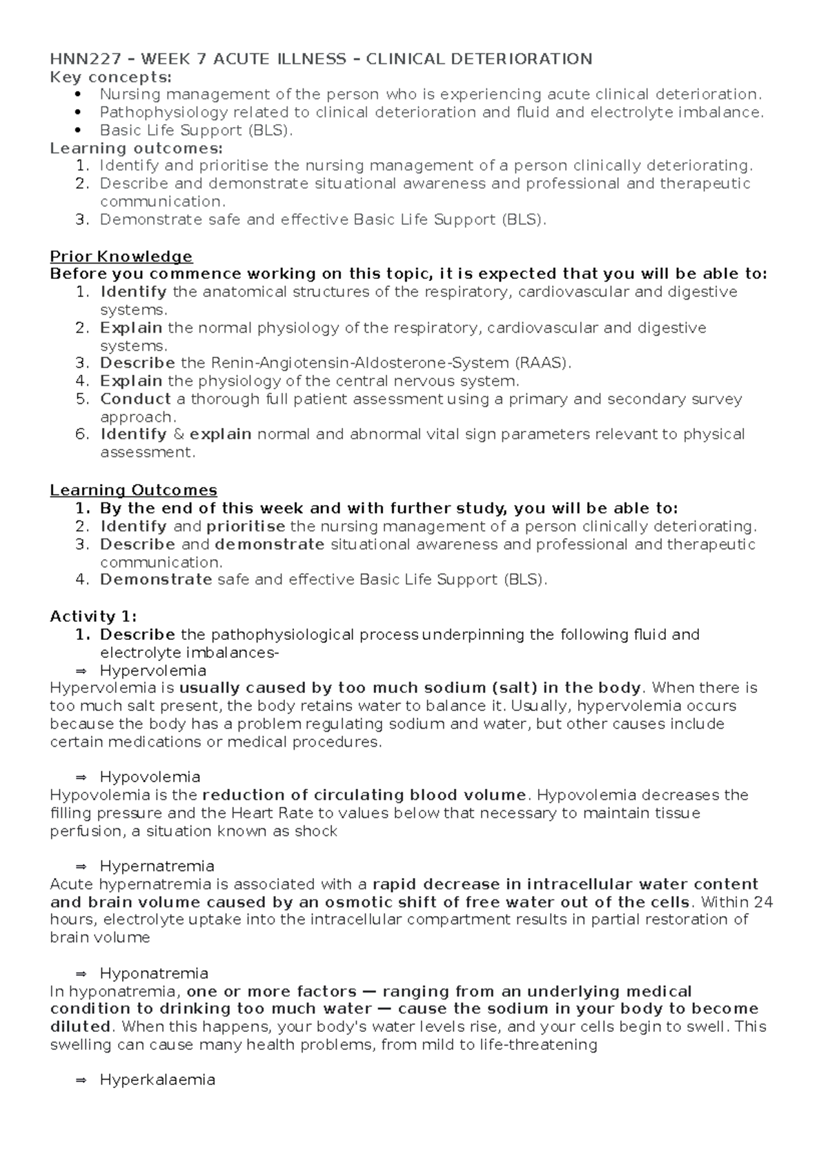 WEEK 7 - HNN227 - Acute Illness & Clinical Deterioration Notes - Studocu