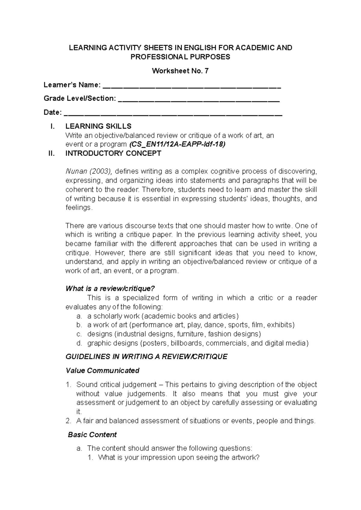 Worksheet 7 - Writing a Critique of "The Weeping Woman" (CS_EN11/12A ...