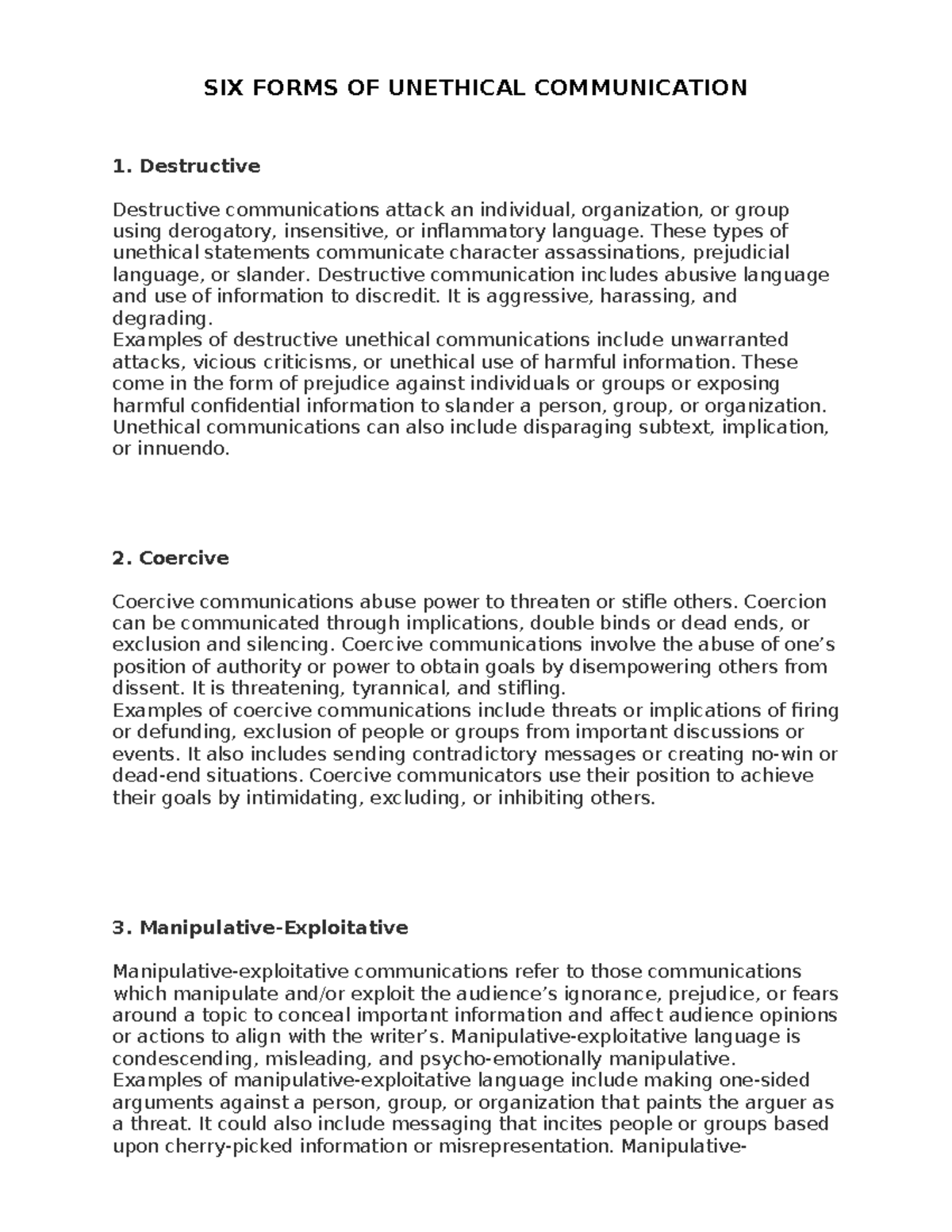 SIX FORMS OF UNETHICAL COMMUNICATION: A Comprehensive Overview - Studocu