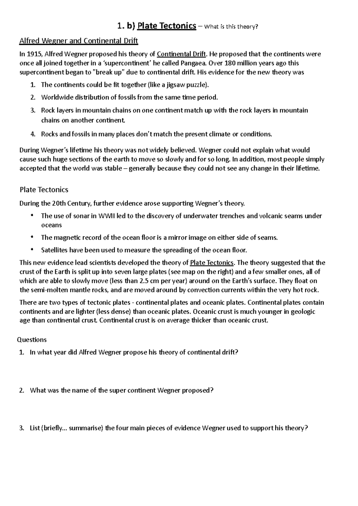 1b Plate Tectonics: Alfred Wegener's Continental Drift Theory - Studocu