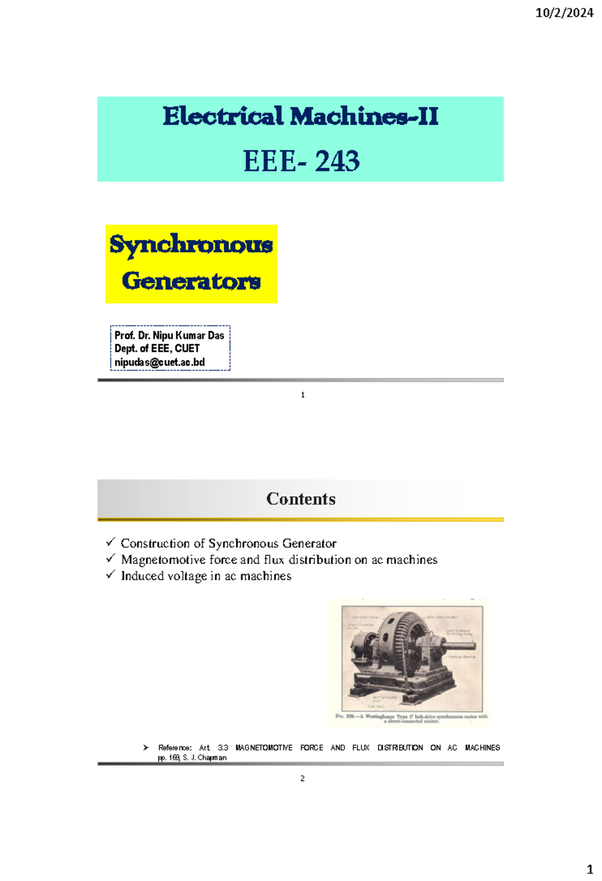 Lecture 02 to 04 - 1 Electrical Machines-II EEE- 243 Prof. Dr. Nipu ...