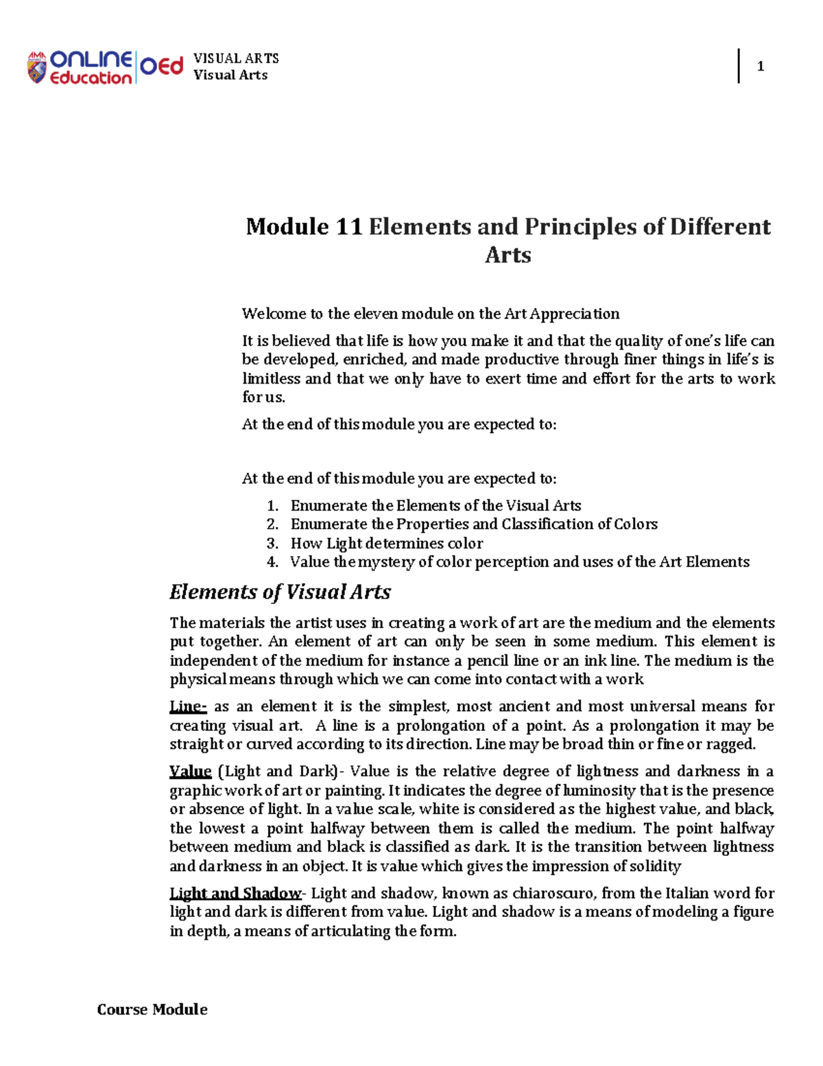Visual Arts 1: Module 11 - Elements & Principles of Art - Studocu