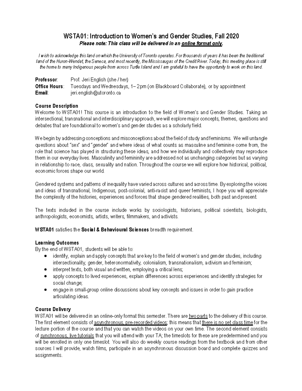 WSTA01 Syllabus: Introduction to Women’s and Gender Studies, Fall 2020 ...