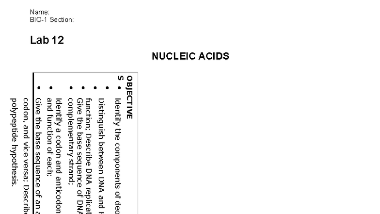 12 NUCLEIC ACIDS LAB MANUAL: STRUCTURE, REPLICATION & TRANSCRIPTION ...