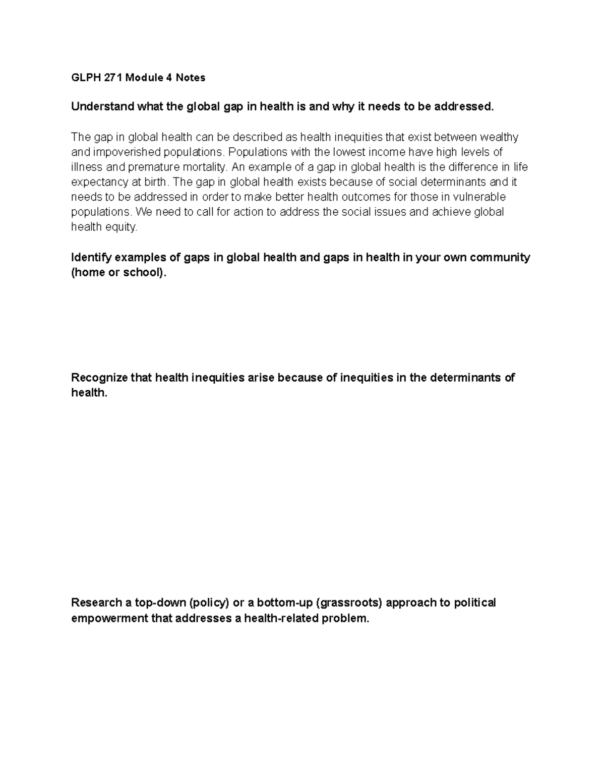 GLPH 271 Module 4: Global Health Equity and Gaps Analysis Notes - Studocu