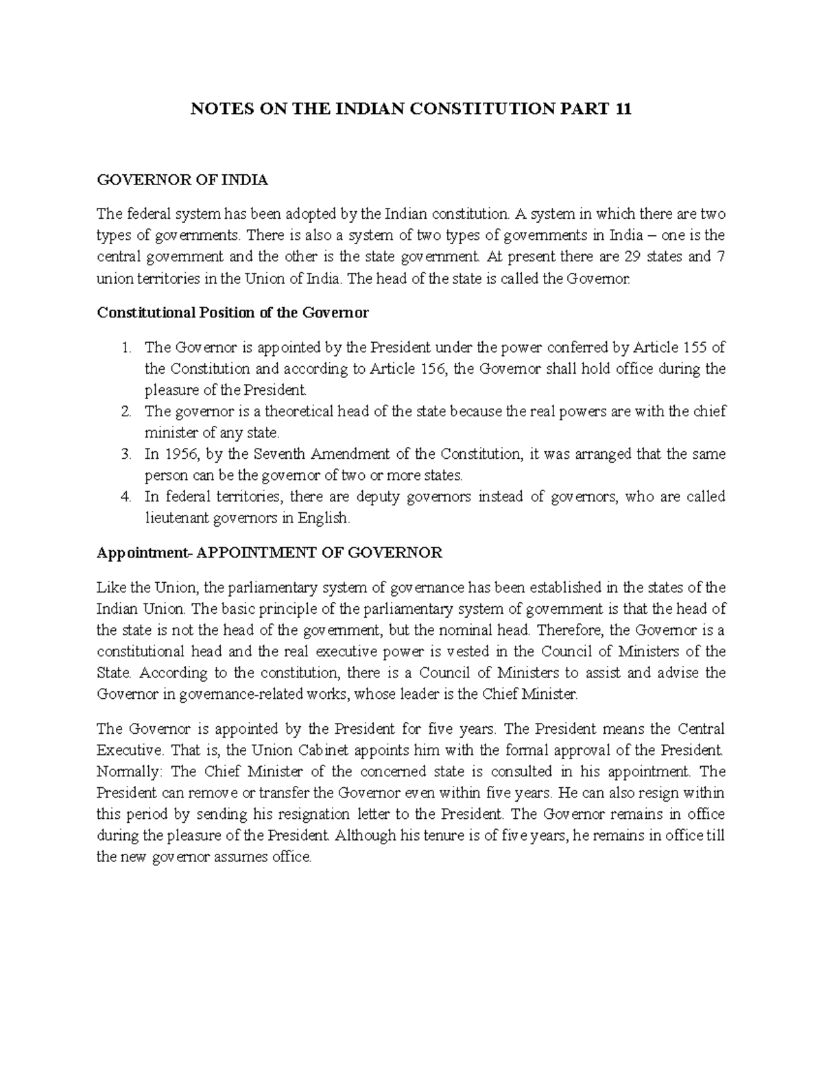 Notes on Indian Constitution - Governor & Civil Services (Part 11 ...