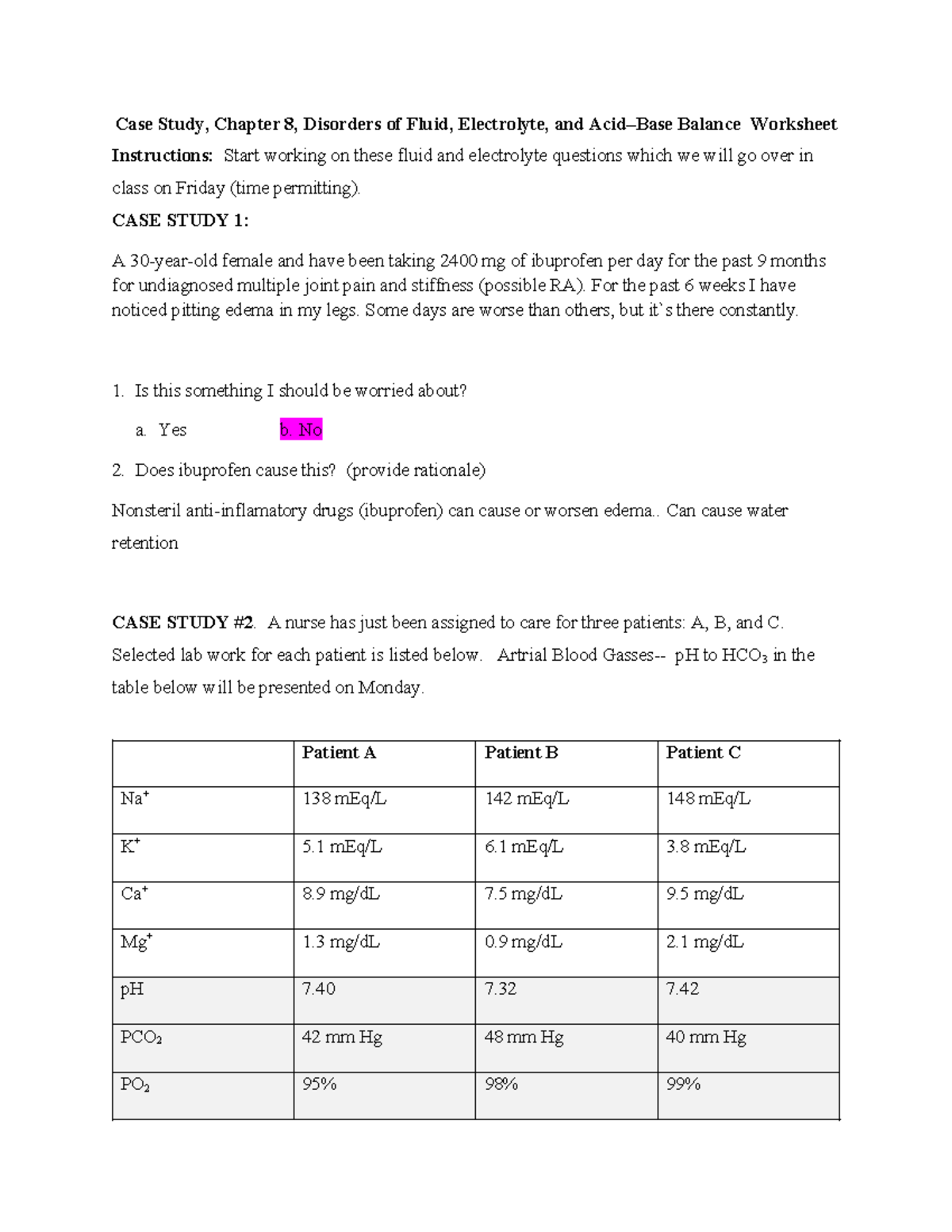 Chapter 8 - Fluid & Electrolyte Case Study Worksheet 2021 (1) - Studocu