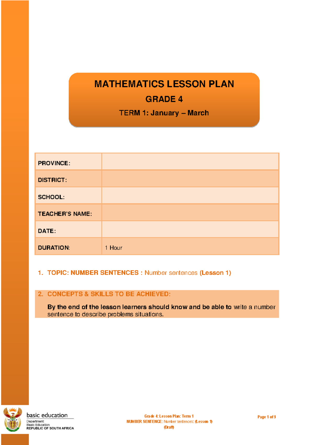 MATHEMATICS GRADE 4 TERM 1 LESSON PLAN: NUMBER SENTENCES - Studocu