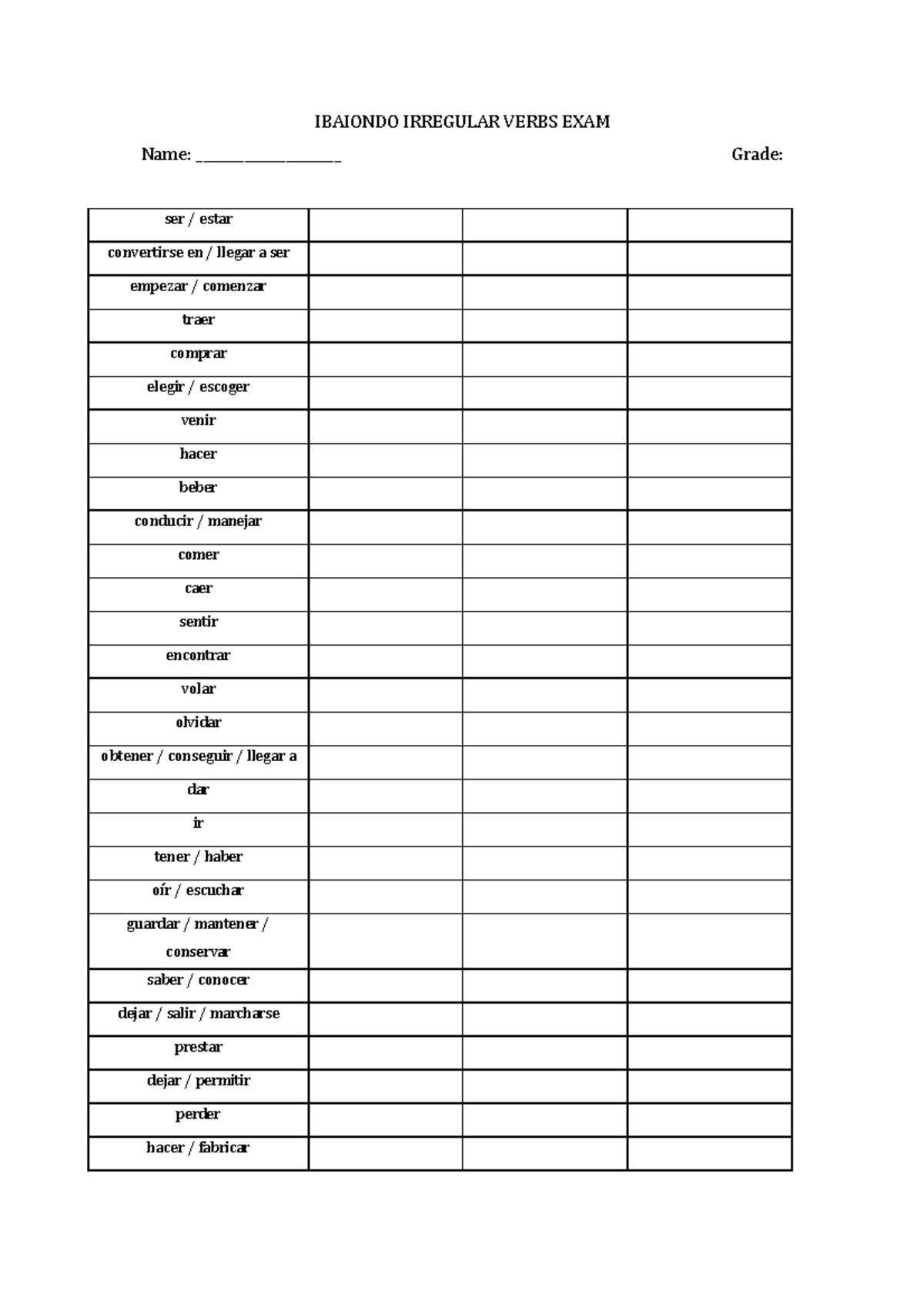 IBAIONDO IRREGULAR VERBS EXAM: Practice & Answers - Studocu