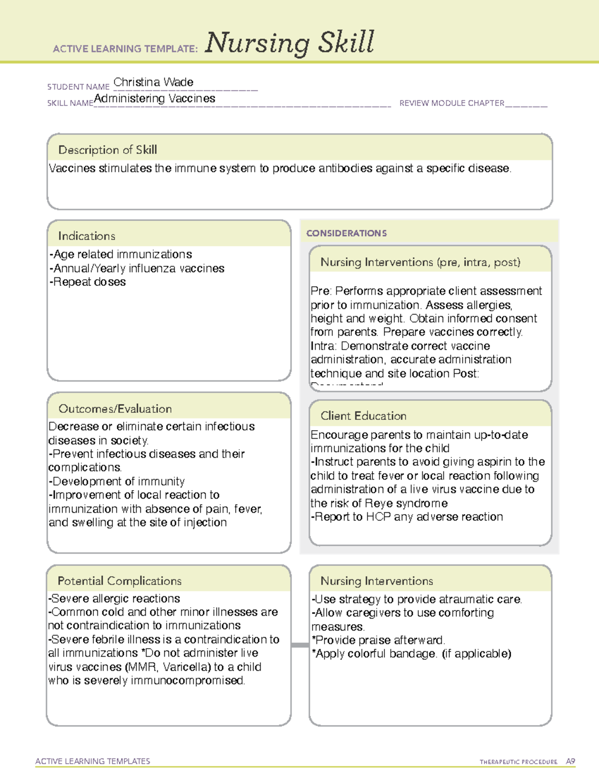 Active Learning Template: Nursing Skill - Administering Vaccines - Studocu