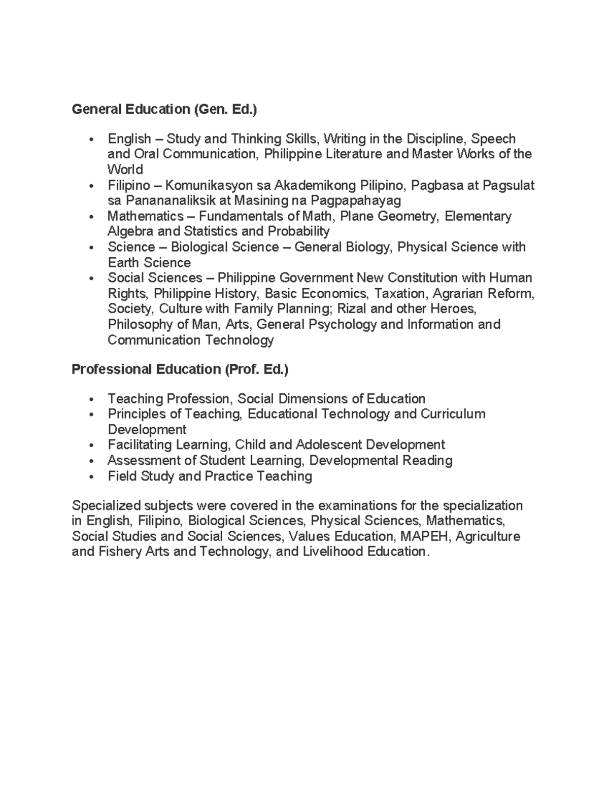 LET Coverage for Review: Gen. Ed., Prof. Ed., and Specialized Subjects ...