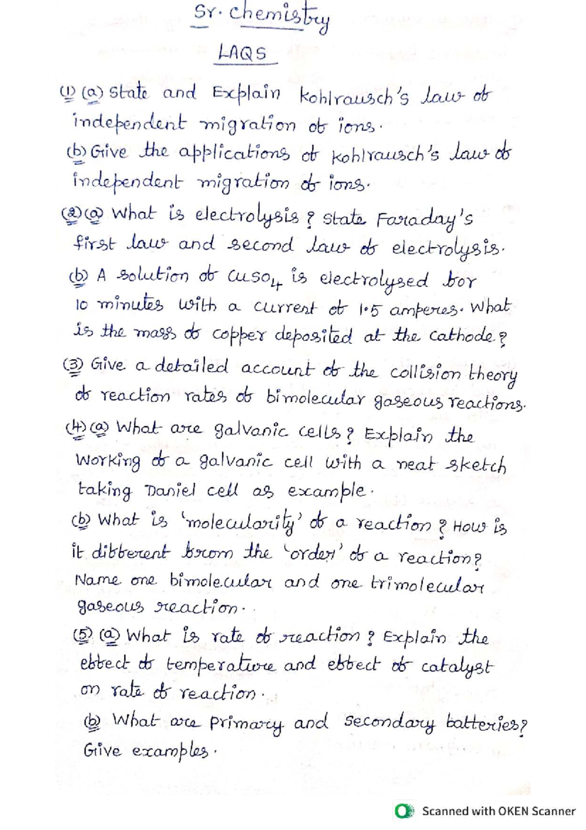 Sr. Chemistry IMP Questions: Key Concepts & Applications - Studocu