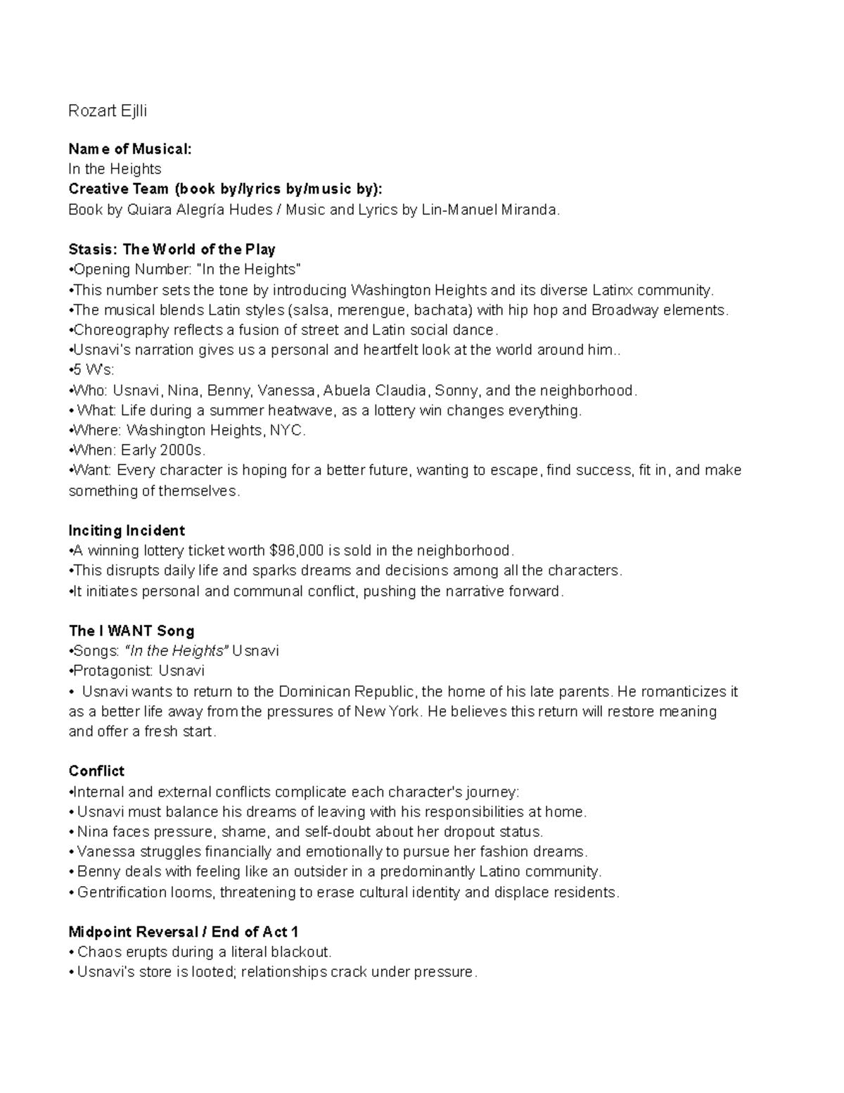 Rozart Ejlli: 10 Key Plot Points of "In the Heights" Musical - Studocu