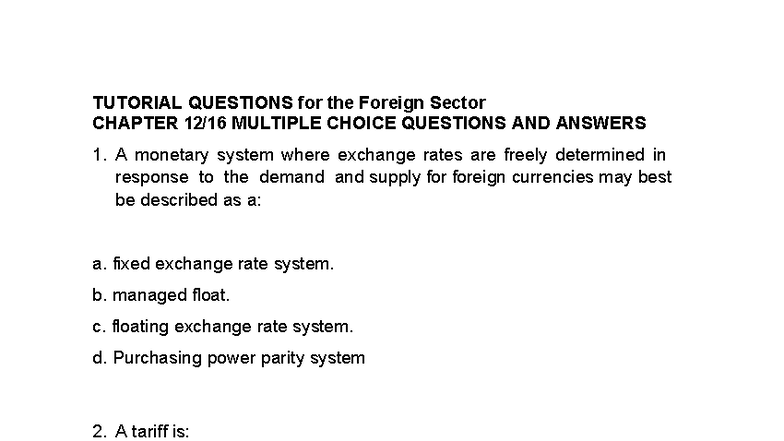 Chapter 16 Tutorial Questions: Foreign Sector MCQs and Answers - Studocu