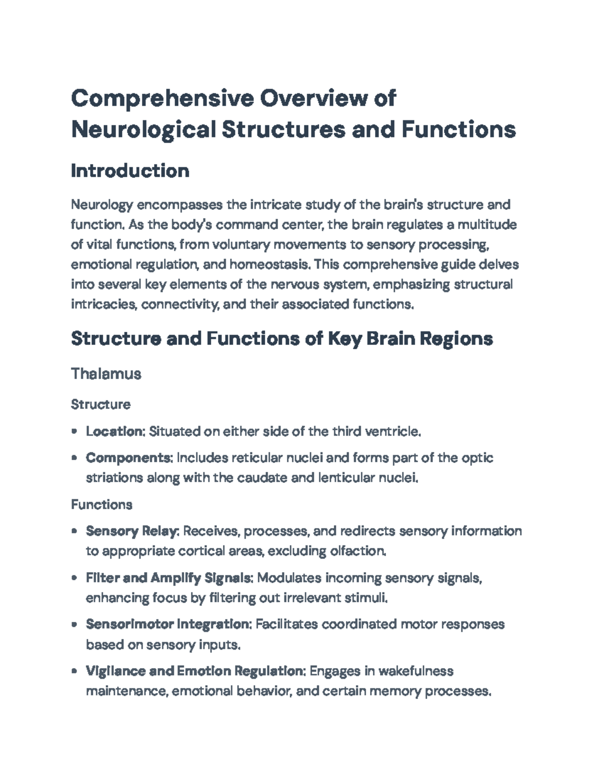 Comprehensive Overview of Neurological Structures and Functions ...