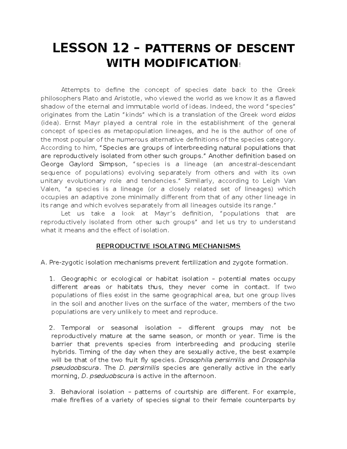 Lesson 12: Patterns of Descent with Modification and Reproductive ...