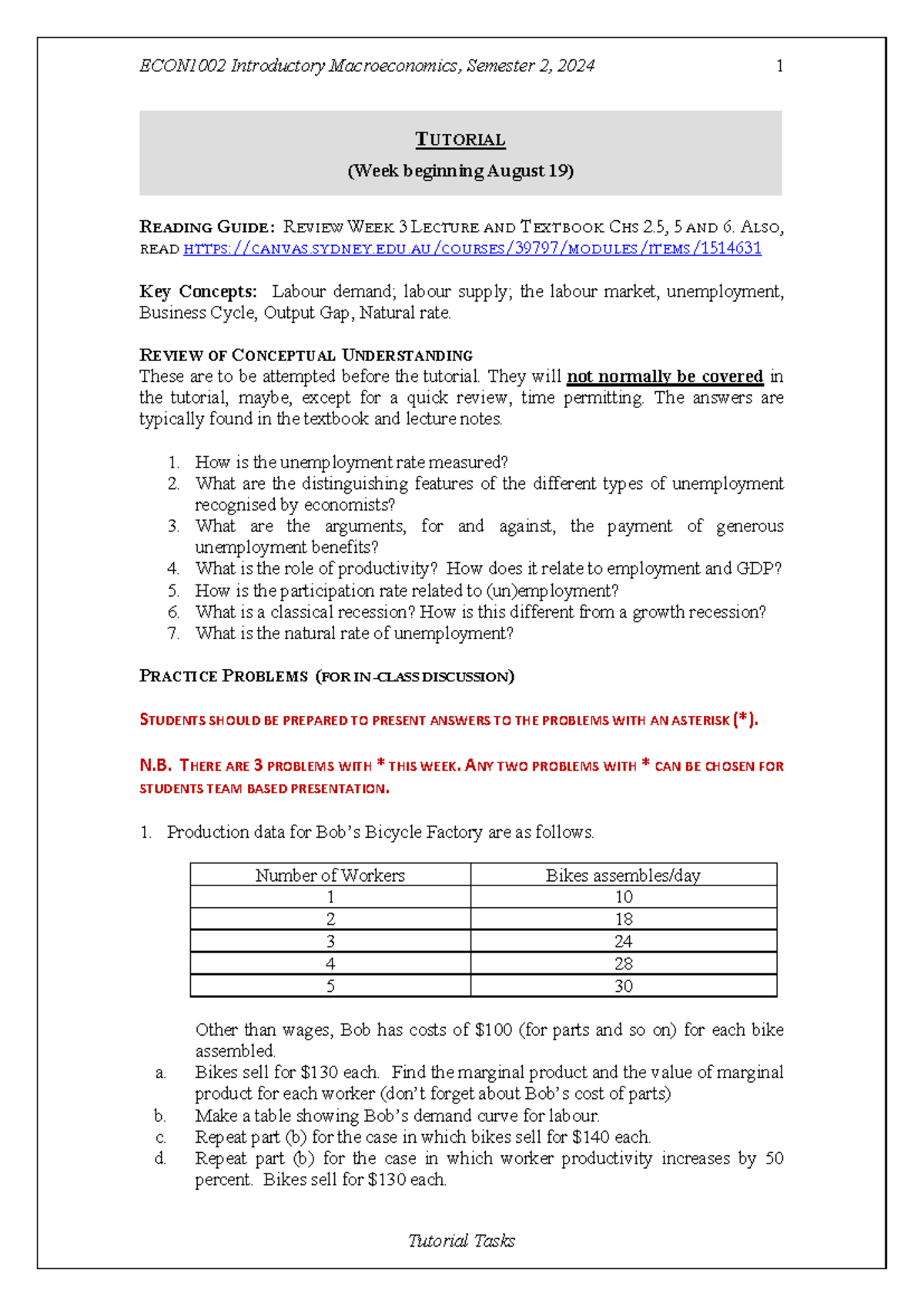 Tutorial Week 4 - ECON1002 Introductory Macroeconomics, Semester 2 ...
