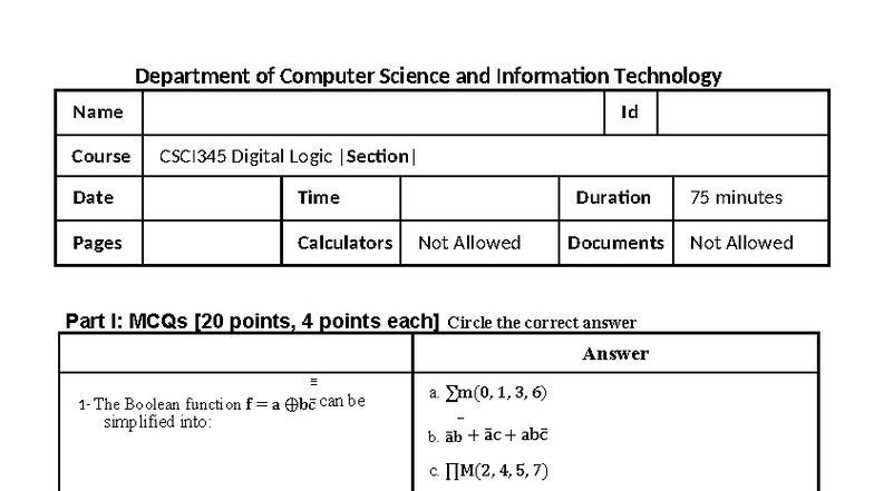 CSCI345 Sample Midterm Exam on Digital Logic Concepts - Studocu