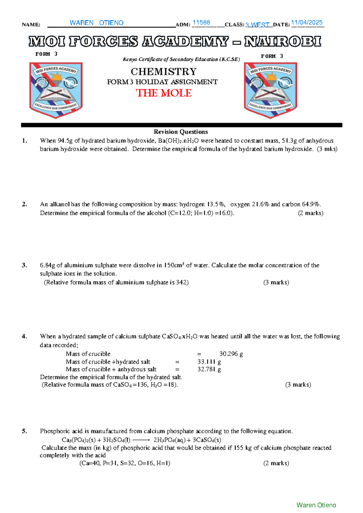 Chemistry Form 3 Holiday Assignment: The Mole Concept - Studocu