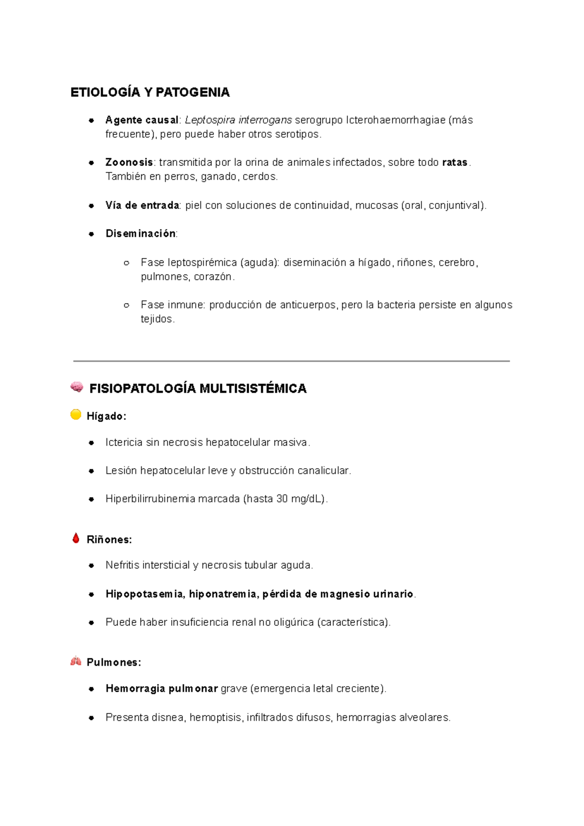 Resumen de Leptospirosis: Fisiopatología y Manifestaciones Clínicas - Studocu